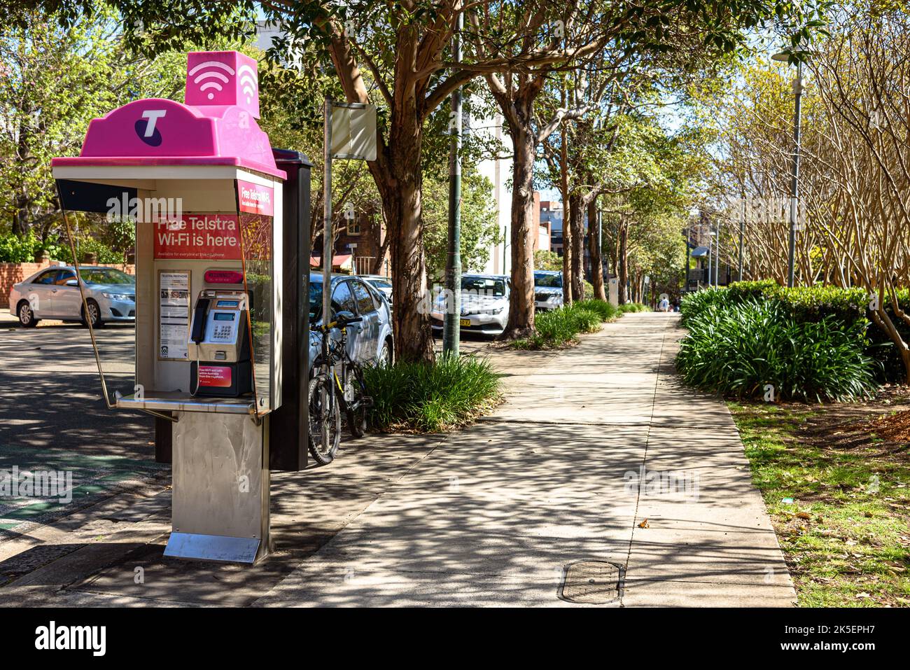 A Telstra public payphone on a sidewalk in Ultimo, Sydney, New South ...