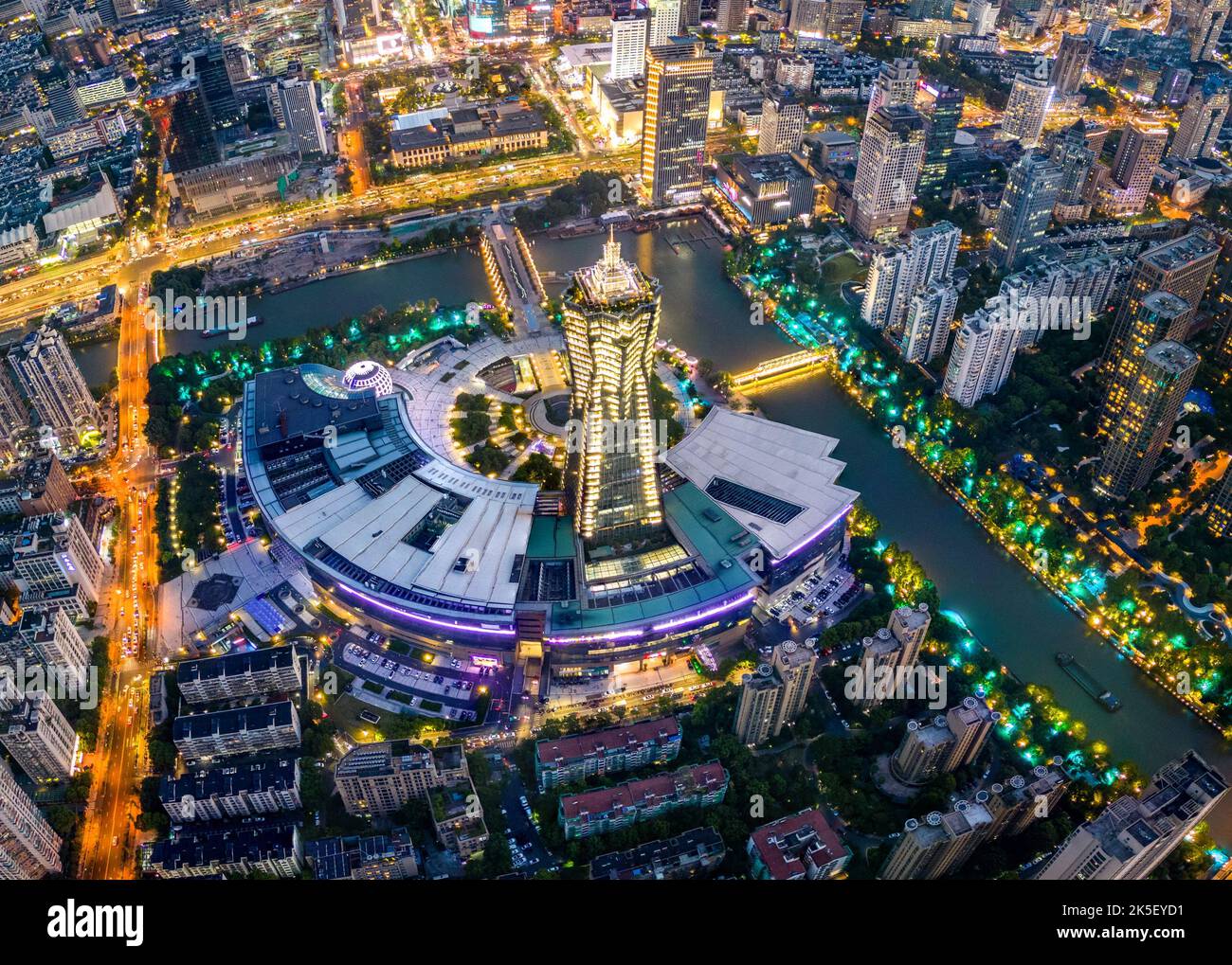 A bird's eye view of the exterior of Hangzhou with modern buildings ...