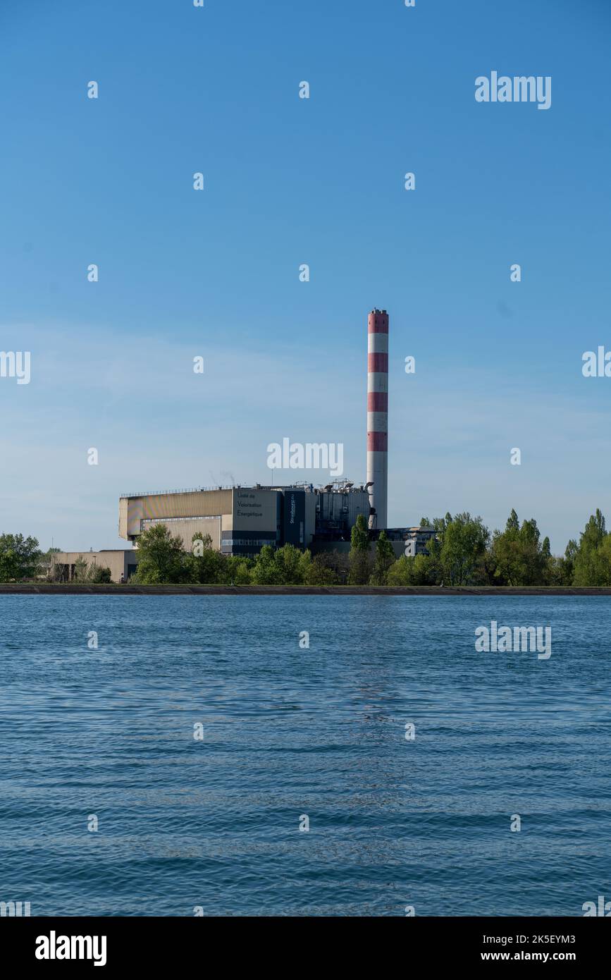 A vertical shot of the river Rhine at Strasbourg in Grand Est, France ...