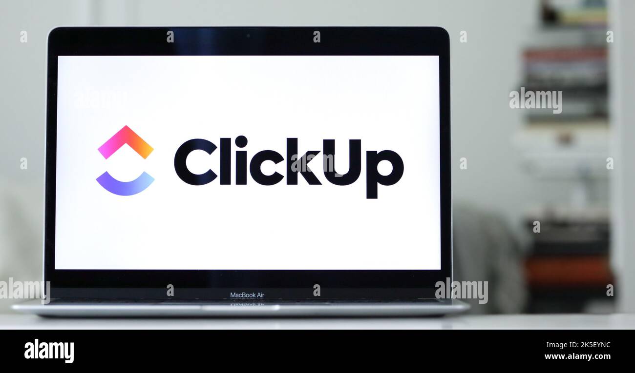 The logo of ClickUp, a productivity and product management software, displayed on a laptop ...