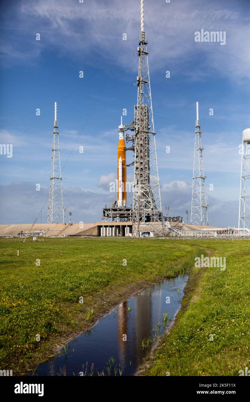 A view of the Artemis I Space Launch System (SLS) and Orion spacecraft ...