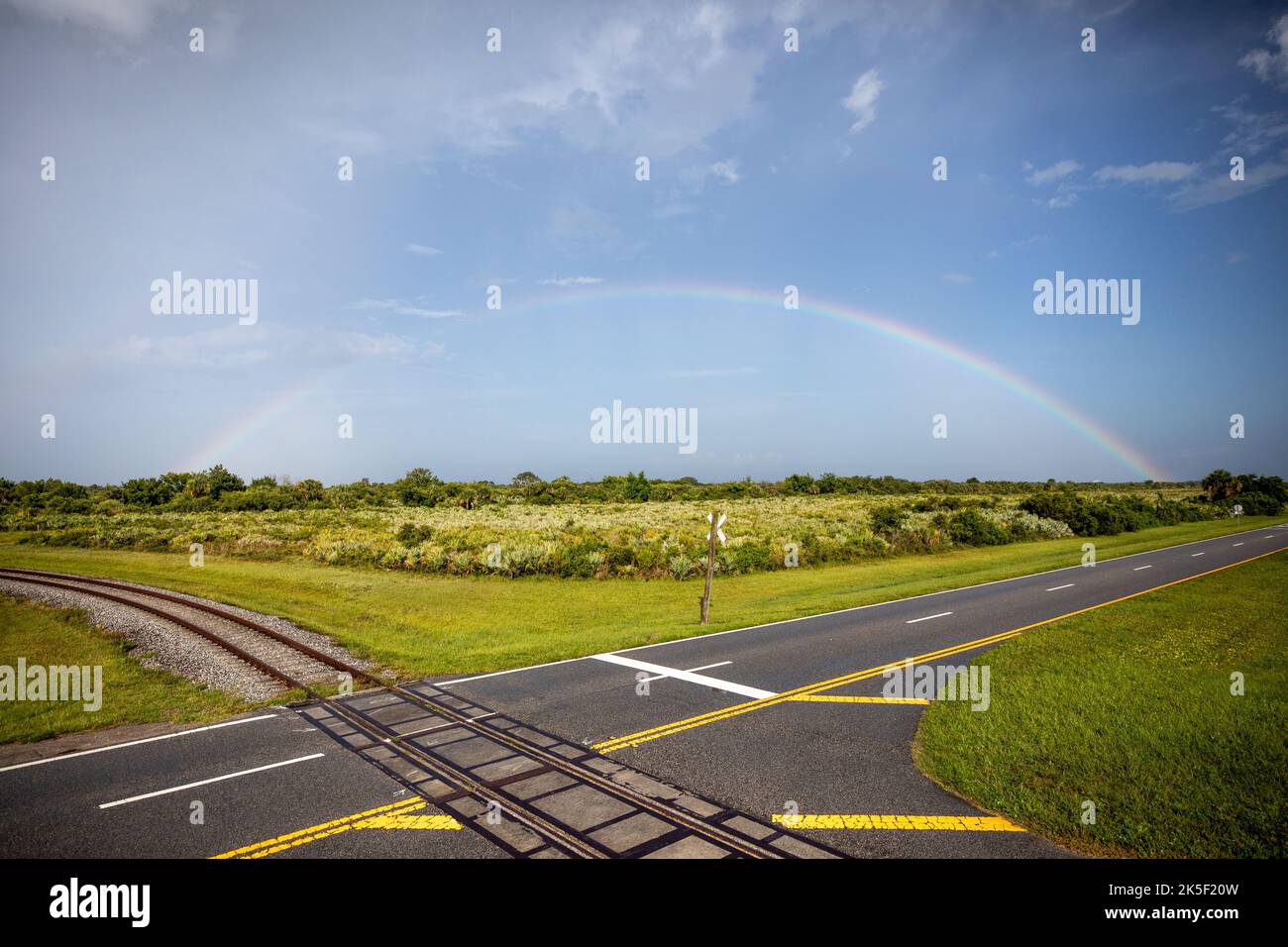 A full rainbow is in view over the Launch Complex 39B area at NASA’s ...