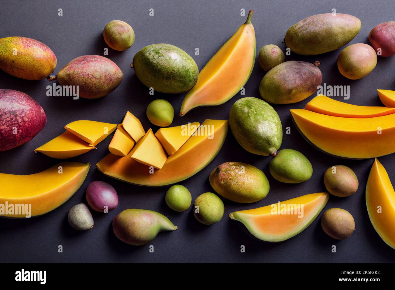 Flatlay of a mango fruit harvest at market, a natural organic farm ...
