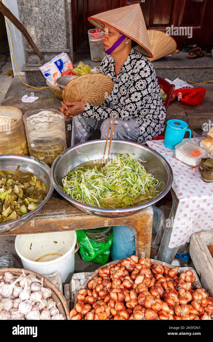Hawker wearing bamboo hat selling vegetables at food market, Hai Phong ...