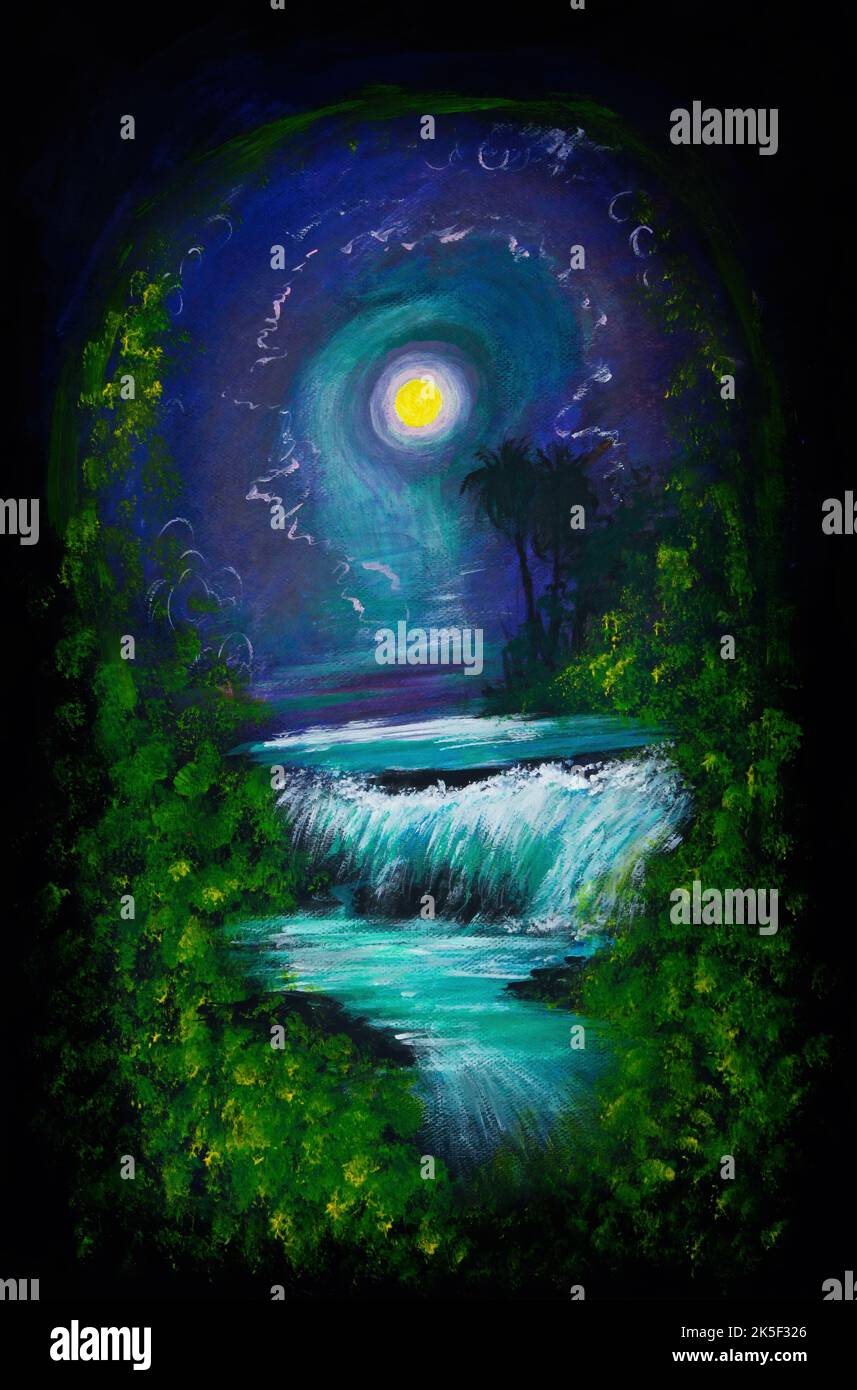 Oil painting of Mignight moon over forest waterfall, seen through an ...