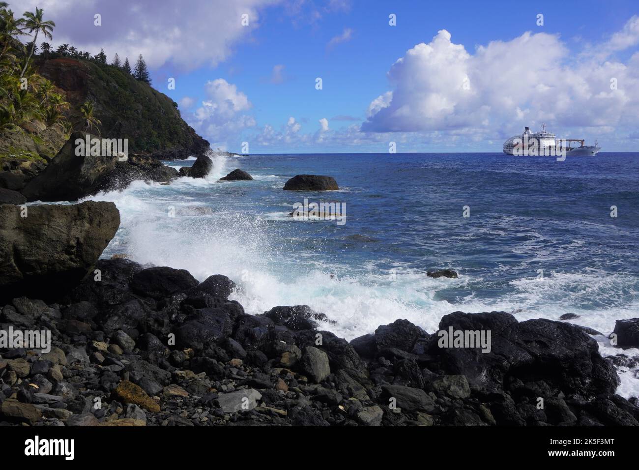 Pitcairn Island’s Bounty Bay with Passenger Cargo Ship Offshore Stock ...