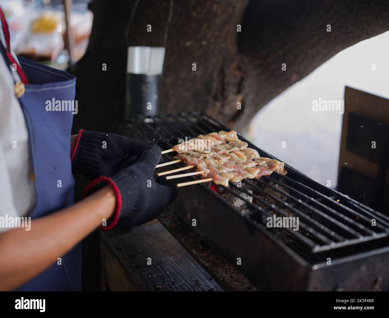 Hand holding grilled pork sticks on fire flaming in steel stove vintage ...