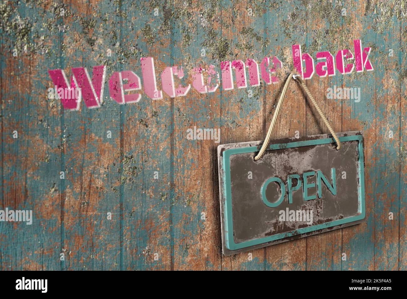 welcome back on wood background with open sign Stock Photo - Alamy