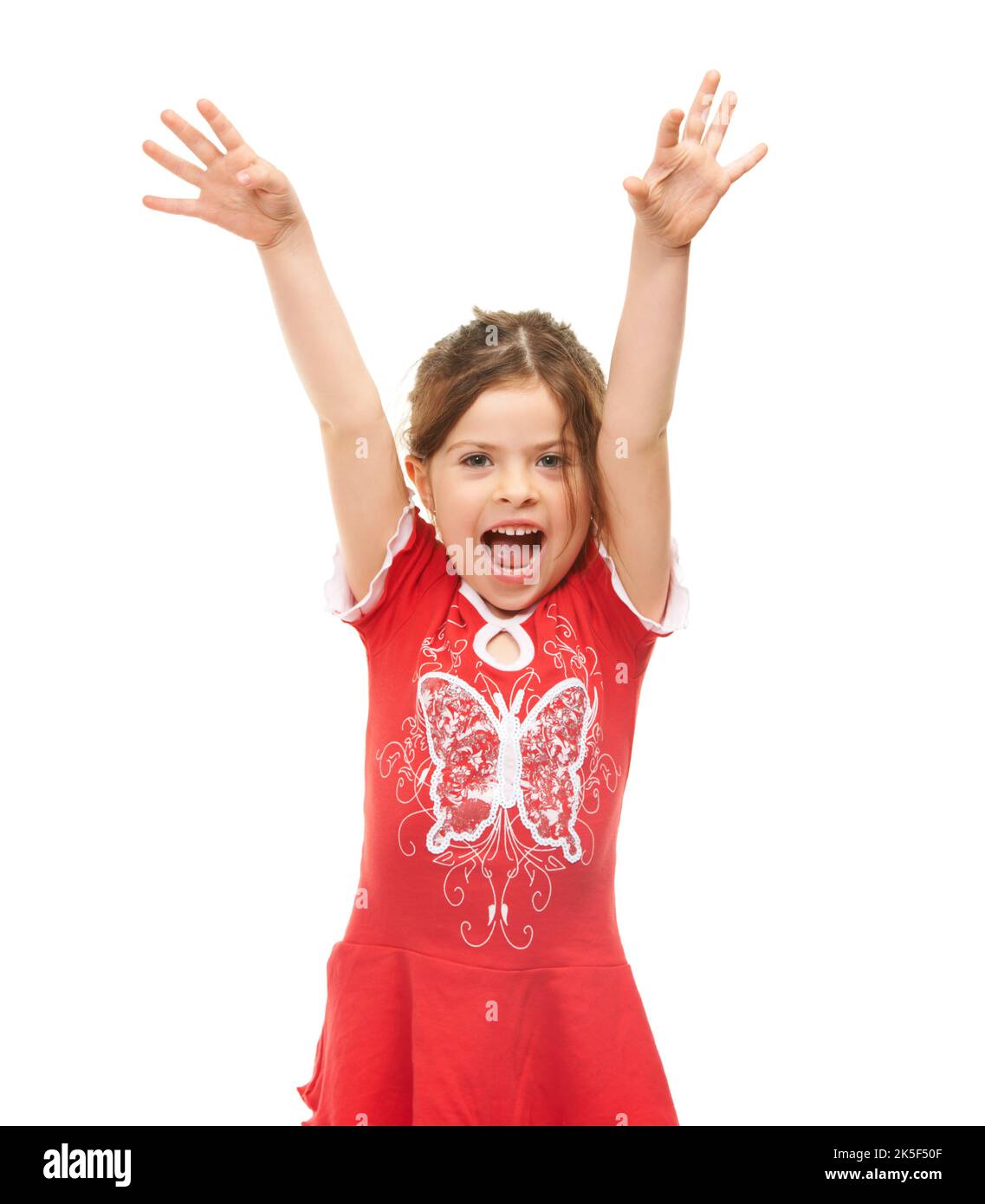 Yay. Cute little girl expressing excitement against a white background ...