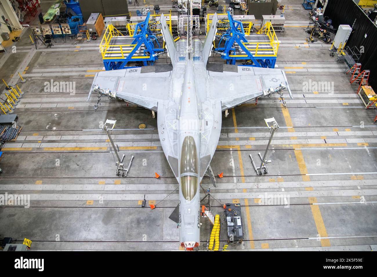 This view from above shows the vertical tail loads testing on a Navy F ...