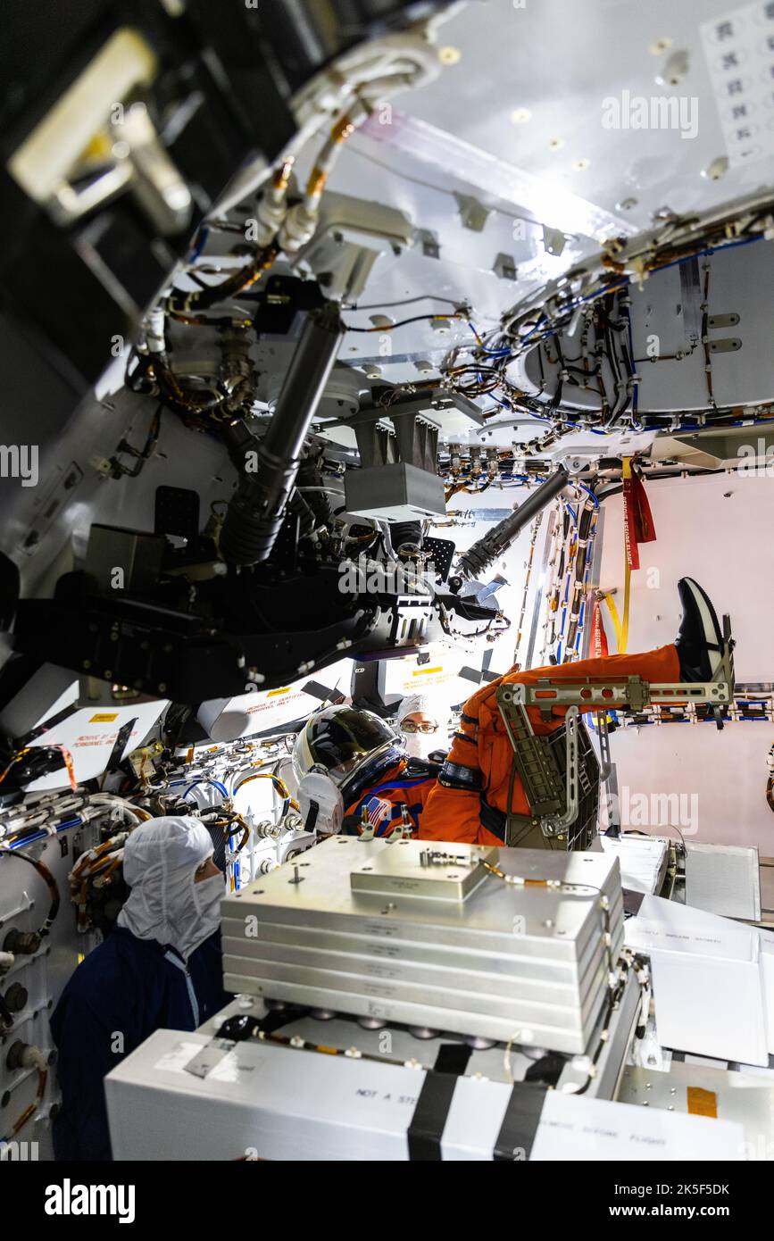 A view of Moonikin “Campos” secured in a seat inside the Artemis I ...