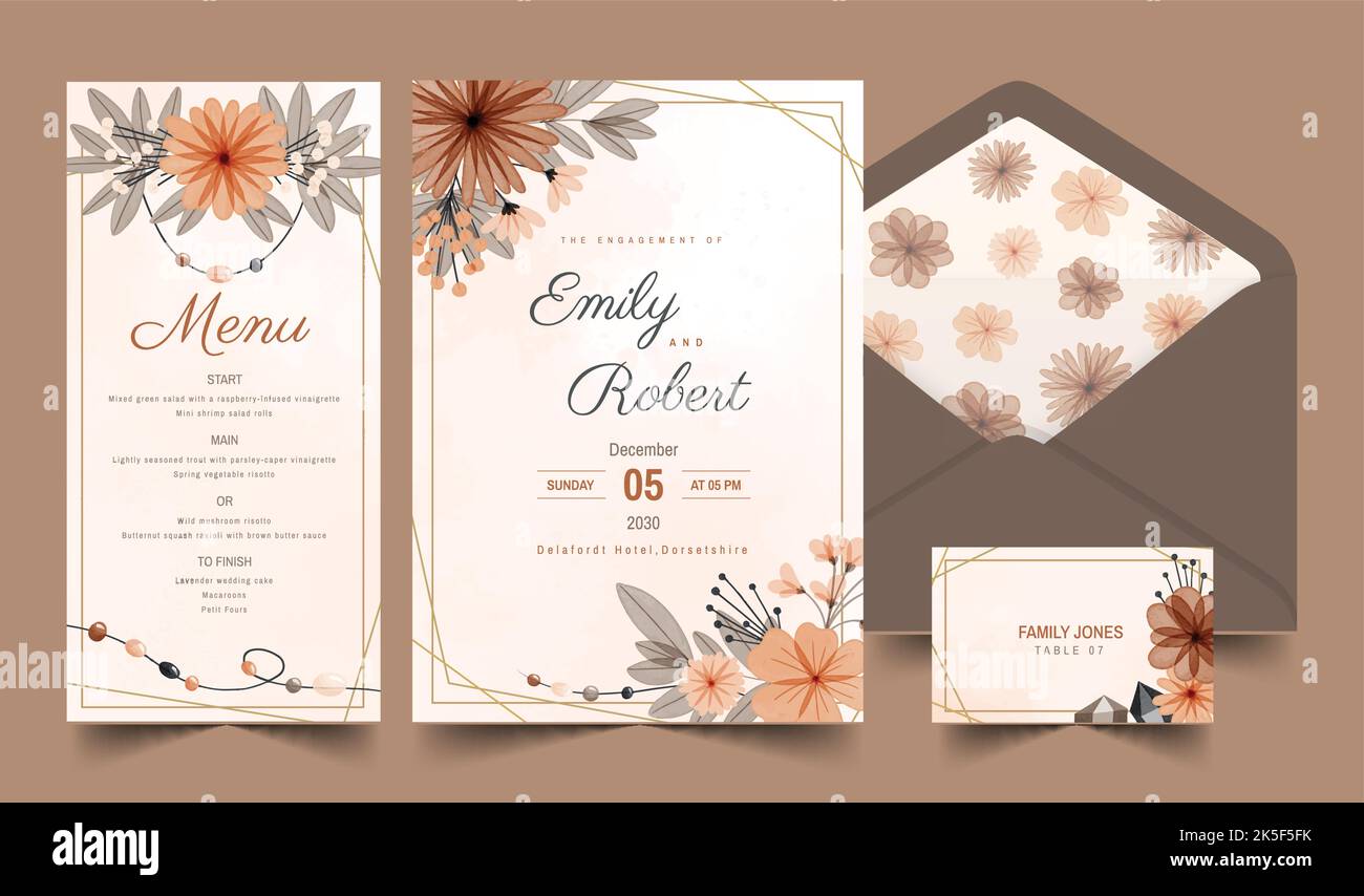 watercolor boho wedding stationery set vector design illustration Stock ...