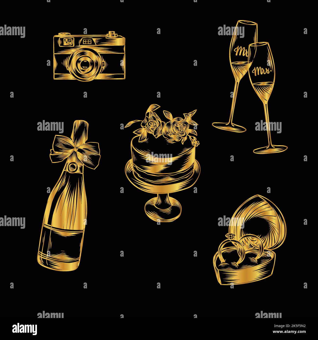 hand drawn linear engraved wedding elements vector design illustration ...