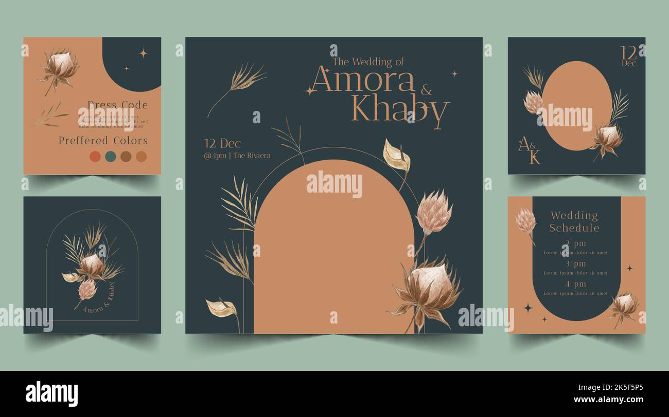 watercolor boho wedding ig posts vector design illustration Stock ...