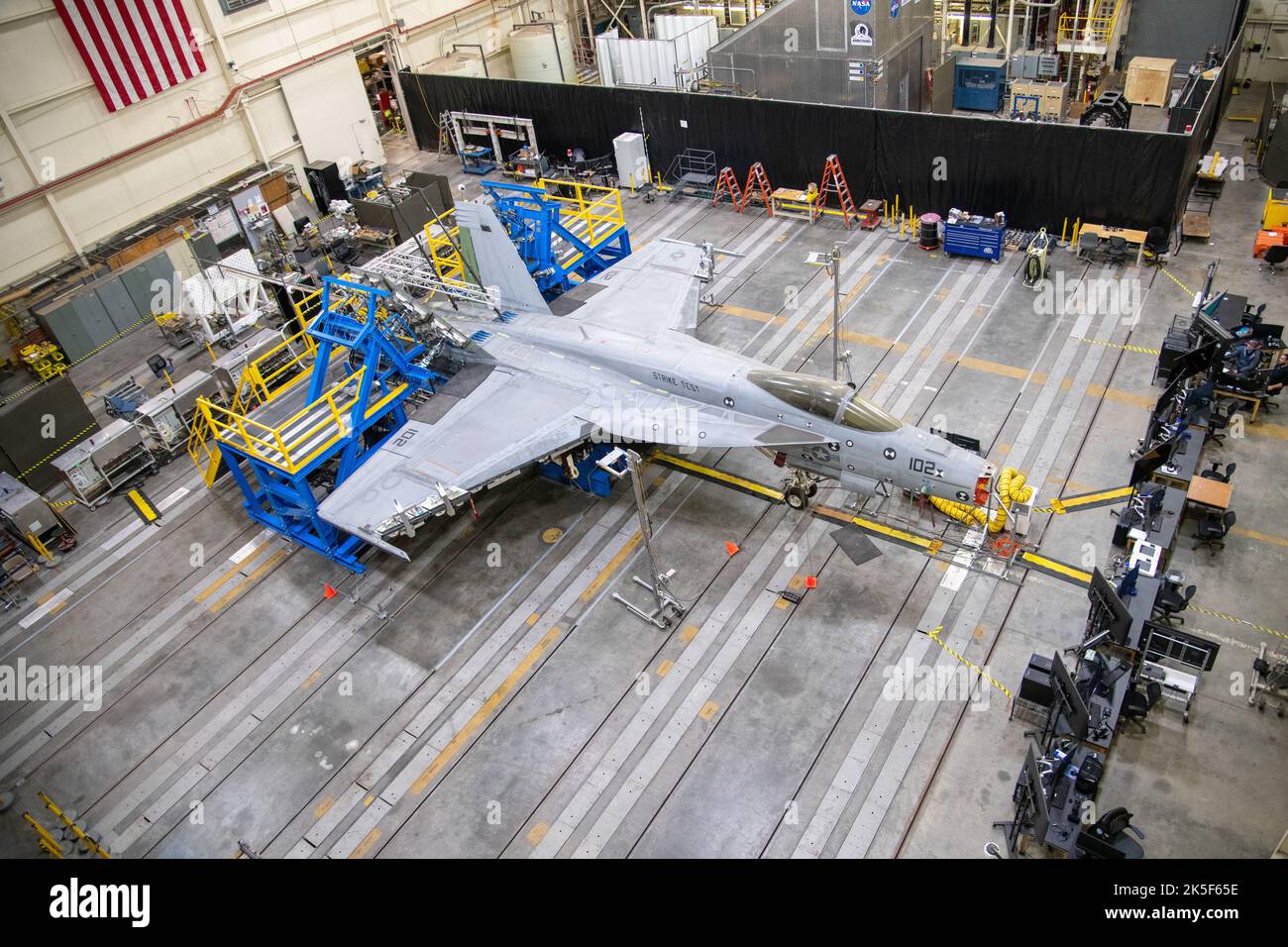 This view from above shows the vertical tail loads testing on a Navy F ...