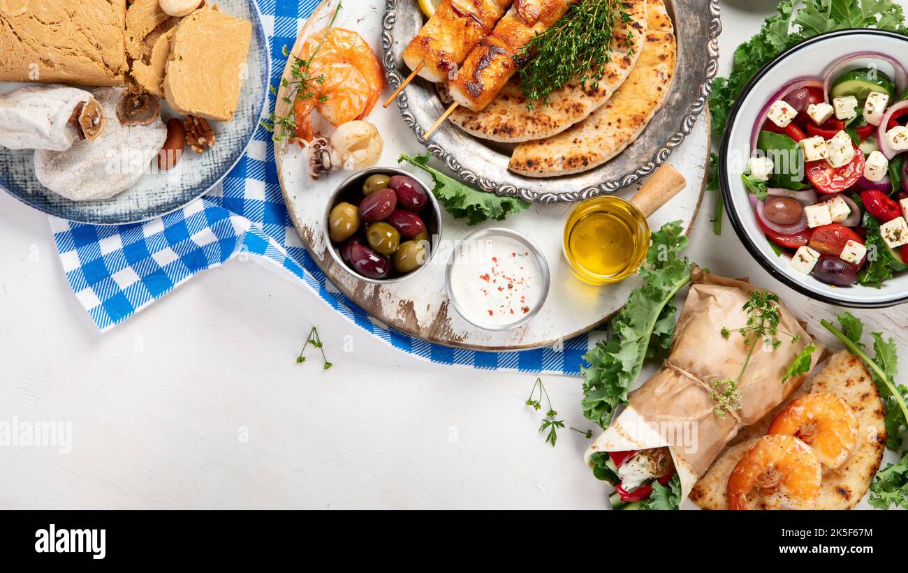 Greek cuisine dishes on neutral background. Traditional food concept ...