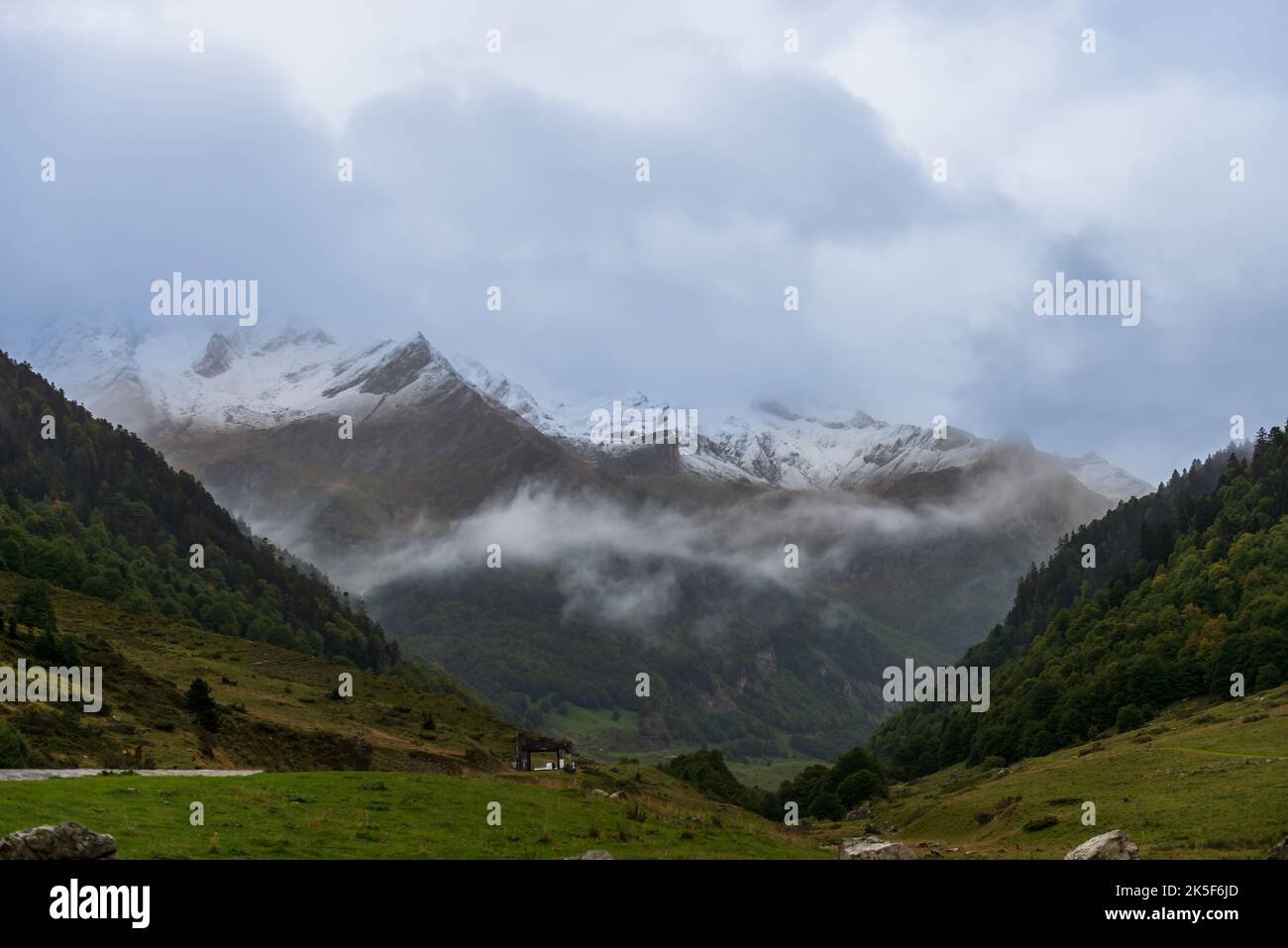 Landscape of snow-capped Pyrenean peaks, in the Ossau valley, in Béarn ...