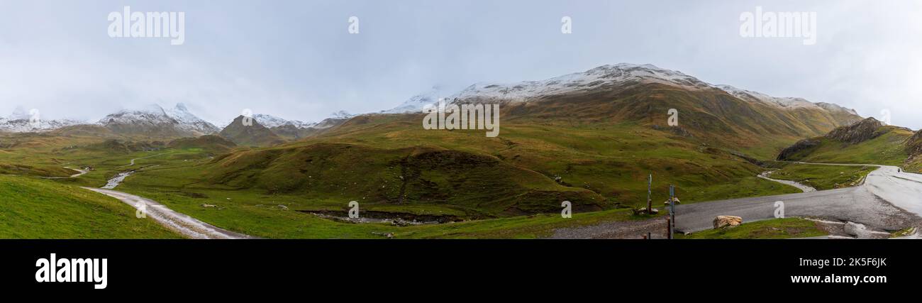 Landscape of snow-capped Pyrenean peaks, in the Ossau valley, in Béarn ...