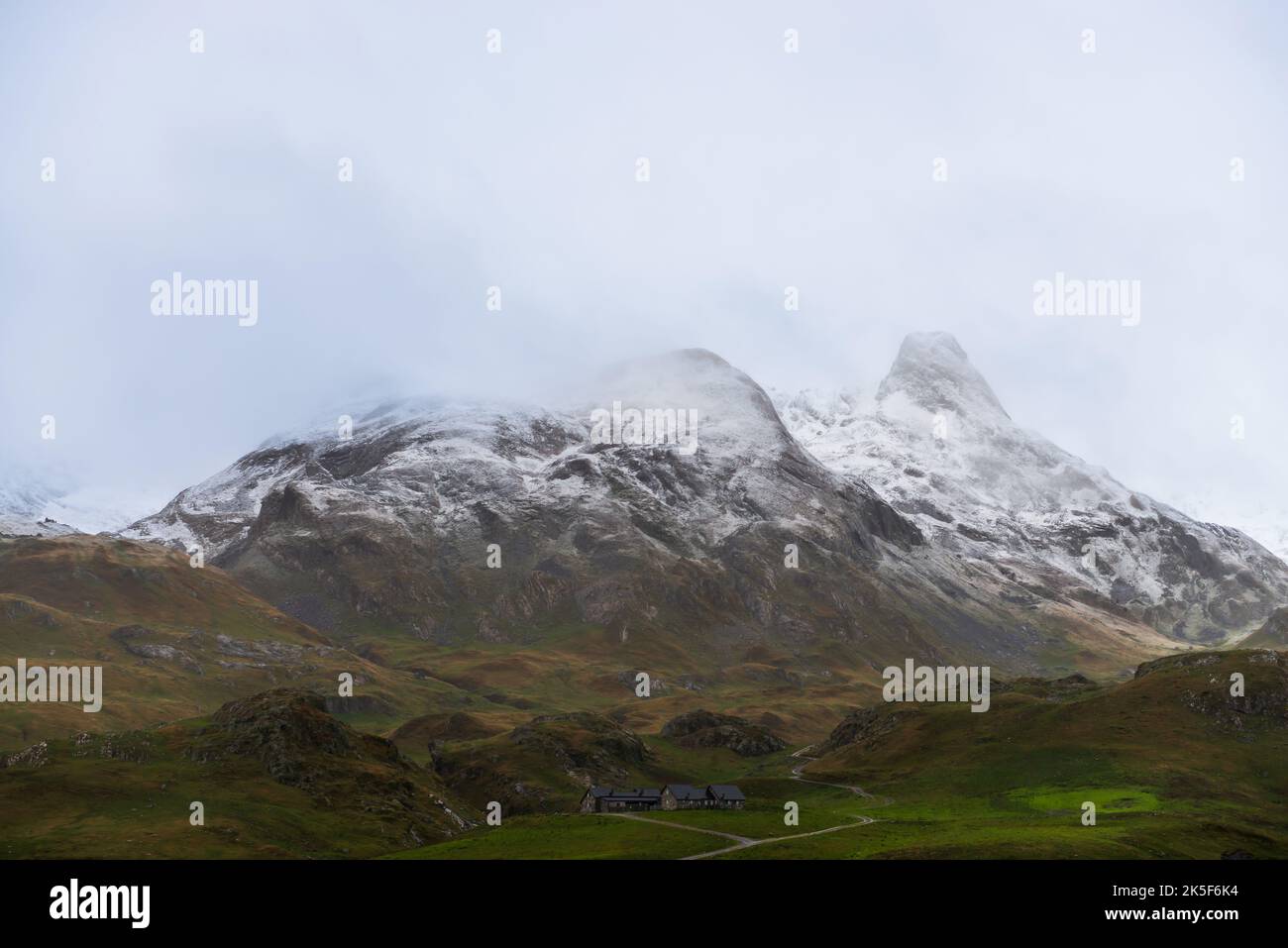 Landscape of snow-capped Pyrenean peaks, in the Ossau valley, in Béarn ...