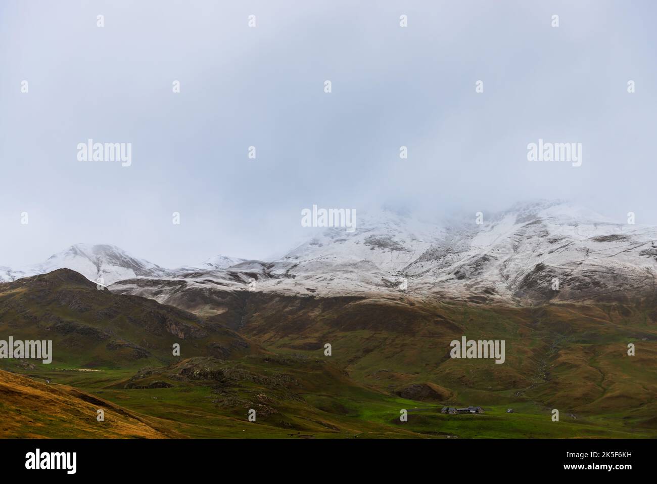 Landscape of snow-capped Pyrenean peaks, in the Ossau valley, in Béarn ...