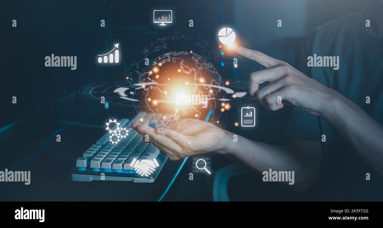 Hand of man hold and touch virtual global with hologram and using ...