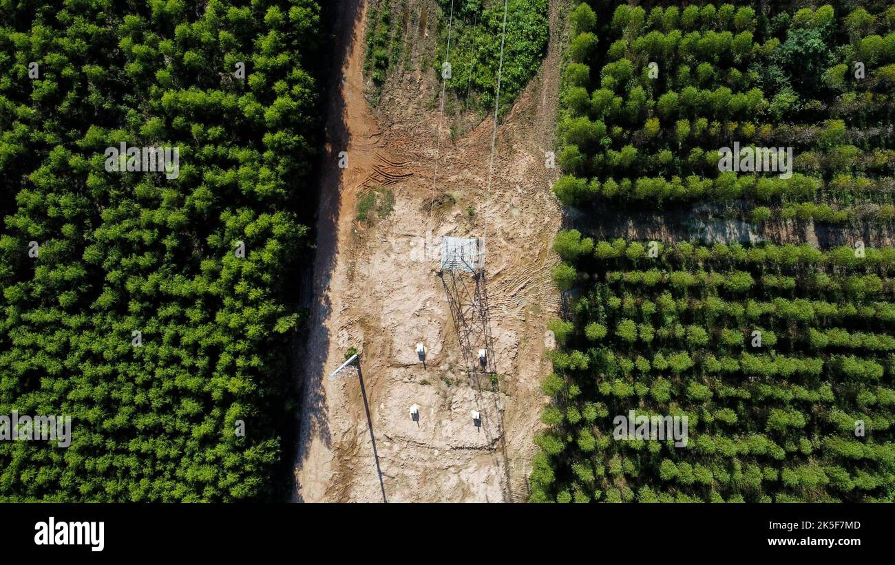 Aerial view of high voltage pylon foundation construction site. Top ...