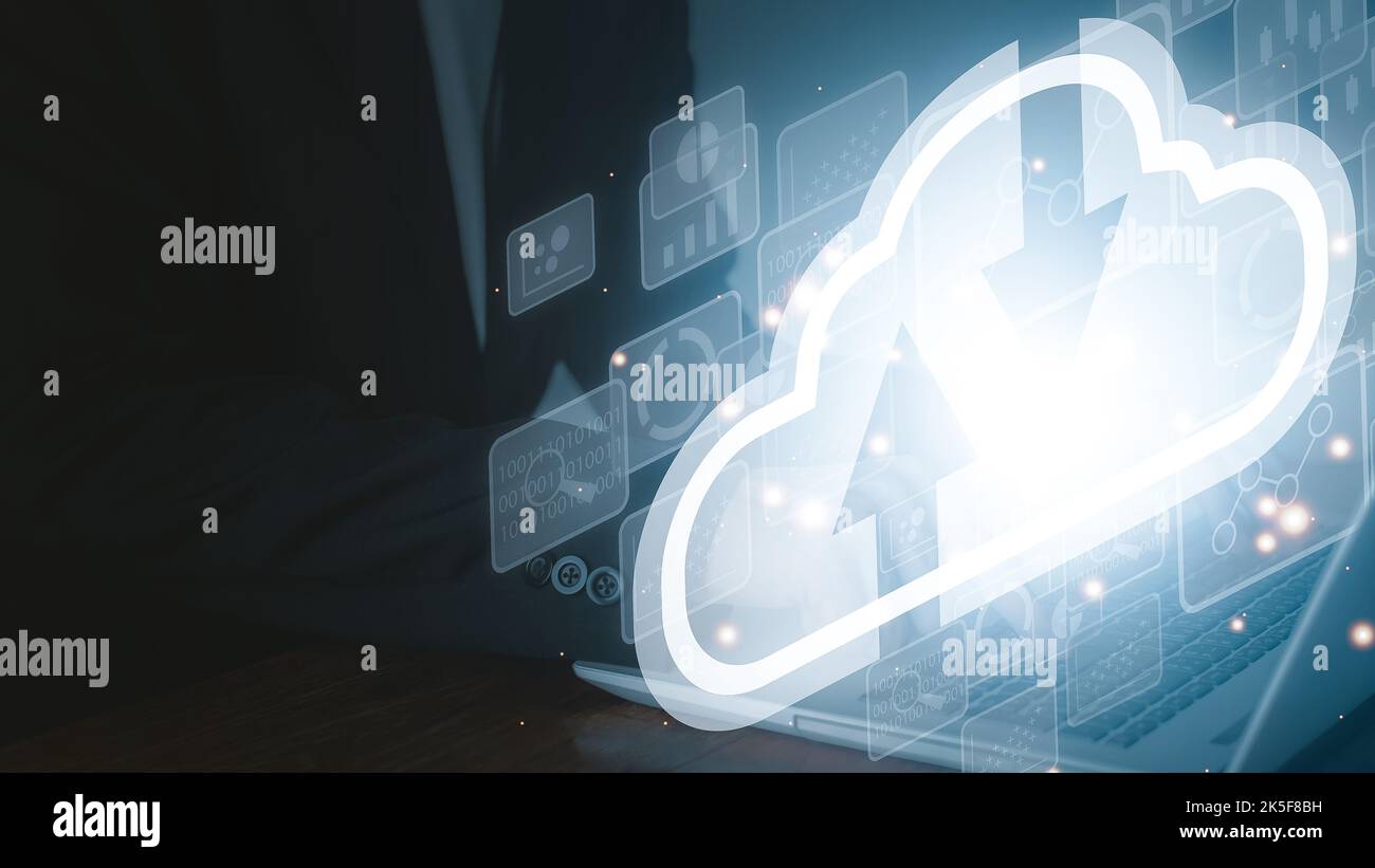 Cloud computing technology concept. Man is using notebook (Laptop). Internet storage network ...