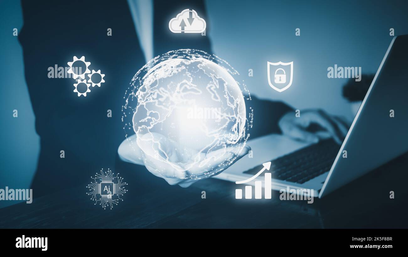 Hand of man hold virtual global with hologram using metaverse and ...