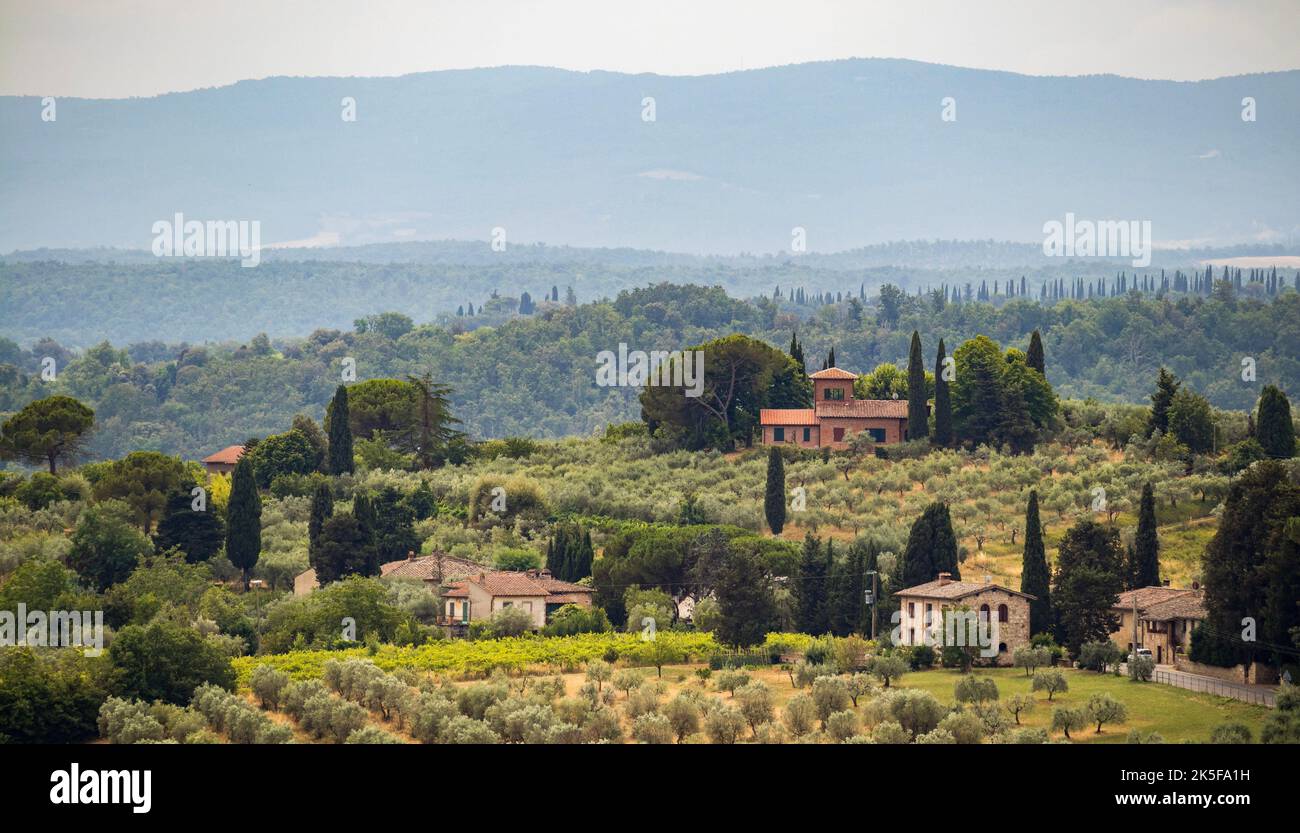 Beautiful landscape of a small town surrounded by lush trees, farm ...
