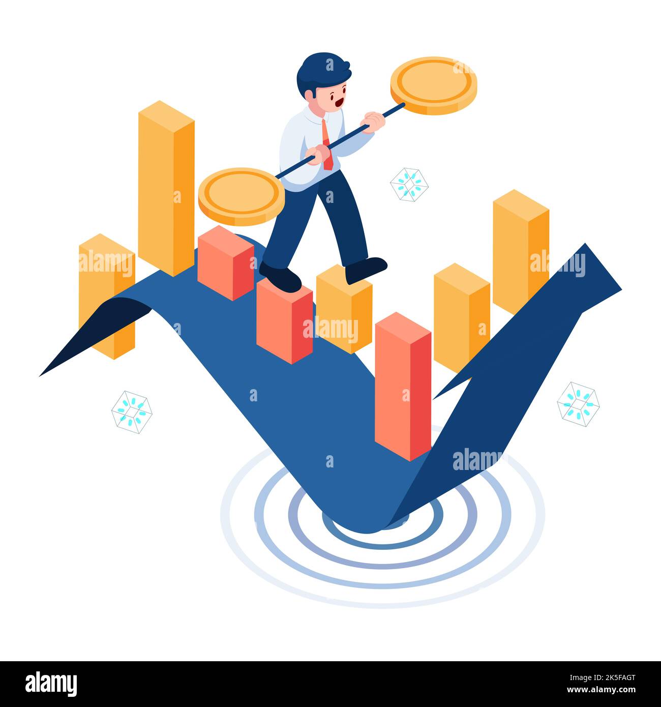 Flat 3d Isometric Businessman Balancing On Financial Candlestick Chart Investment Management