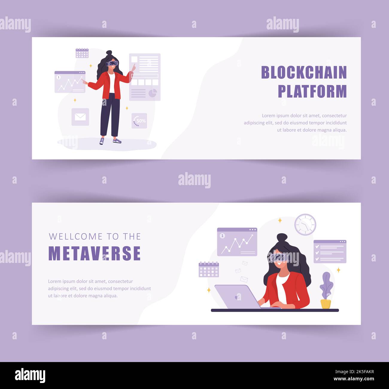 Metaverse banners. Women wearing VR headset. Blockchain platform ...