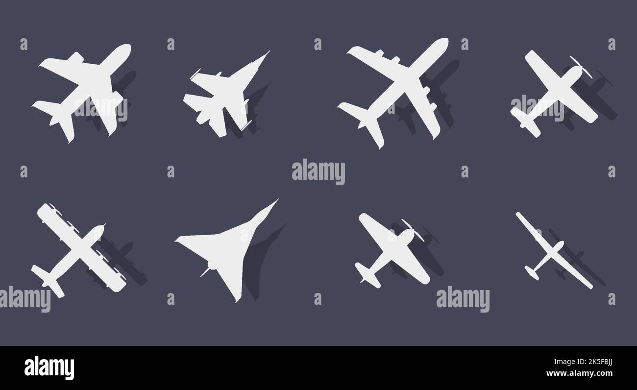 Eight aircraft of different types airplane silhouette with shadow ... Eight aircraft of different types airplane silhouette with shadow ...
