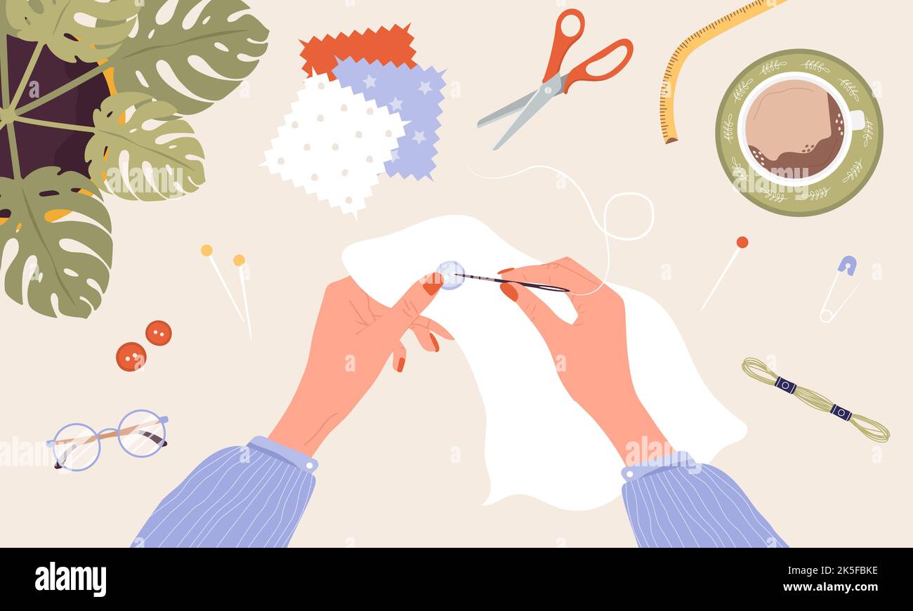 Female hands sew a button. Woman create outfit. Top view. Needlework ...