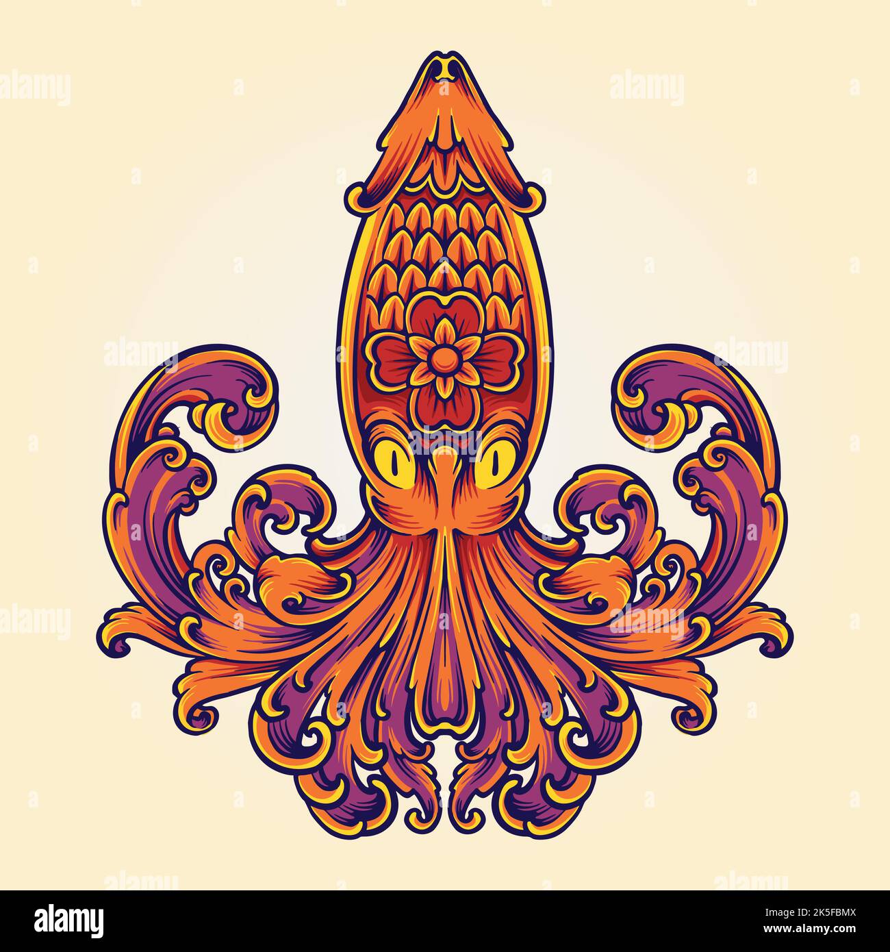 Classic floral octopus ornament illustration vector illustrations for ...