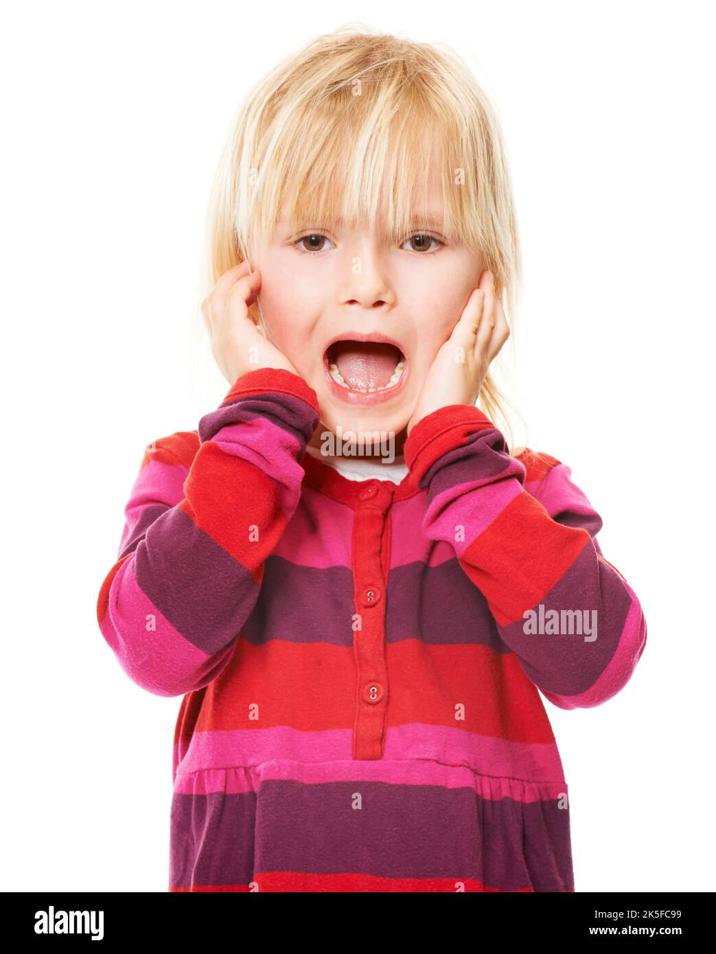 Thats scary. Studio shot of a little blonde girl standing with her head ...