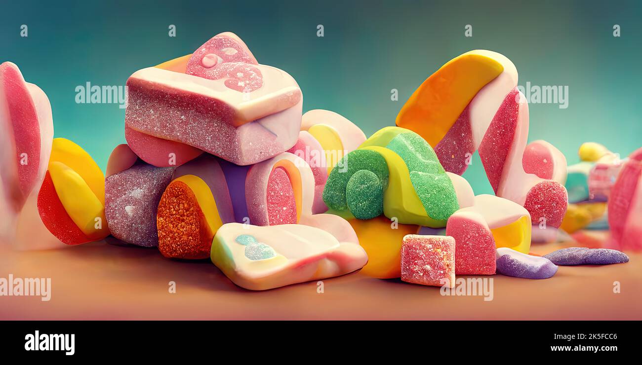 Cute colorful abstract candy land with different sweet fruits cakes ...