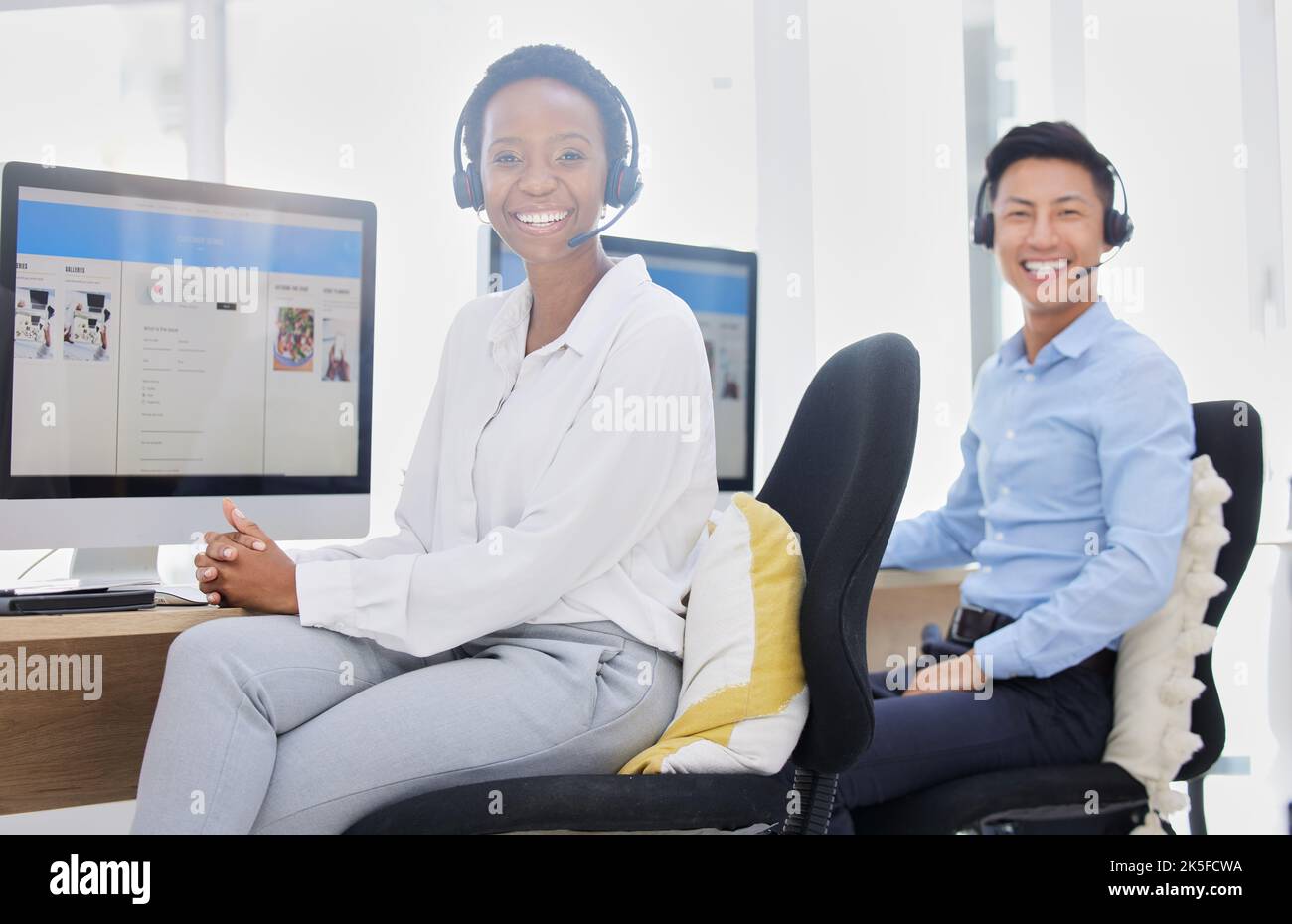 Crm customer support staff and web help worker diversity on an office consultation. Portrait of ...