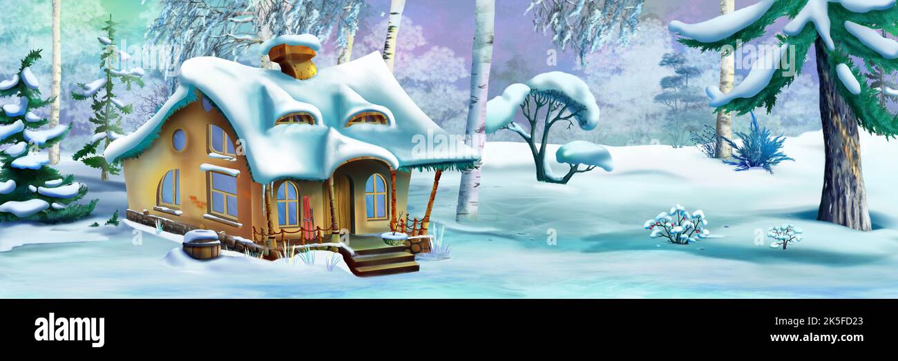 Fairy tale hut in the winter forest at day. Digital Painting Background ...