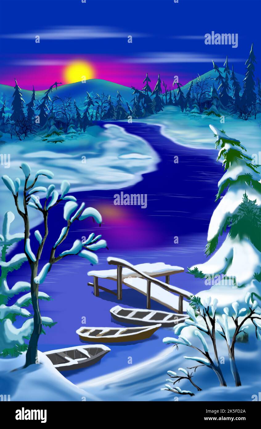 Landscape with frozen river at the winter sunset. Digital Painting ...
