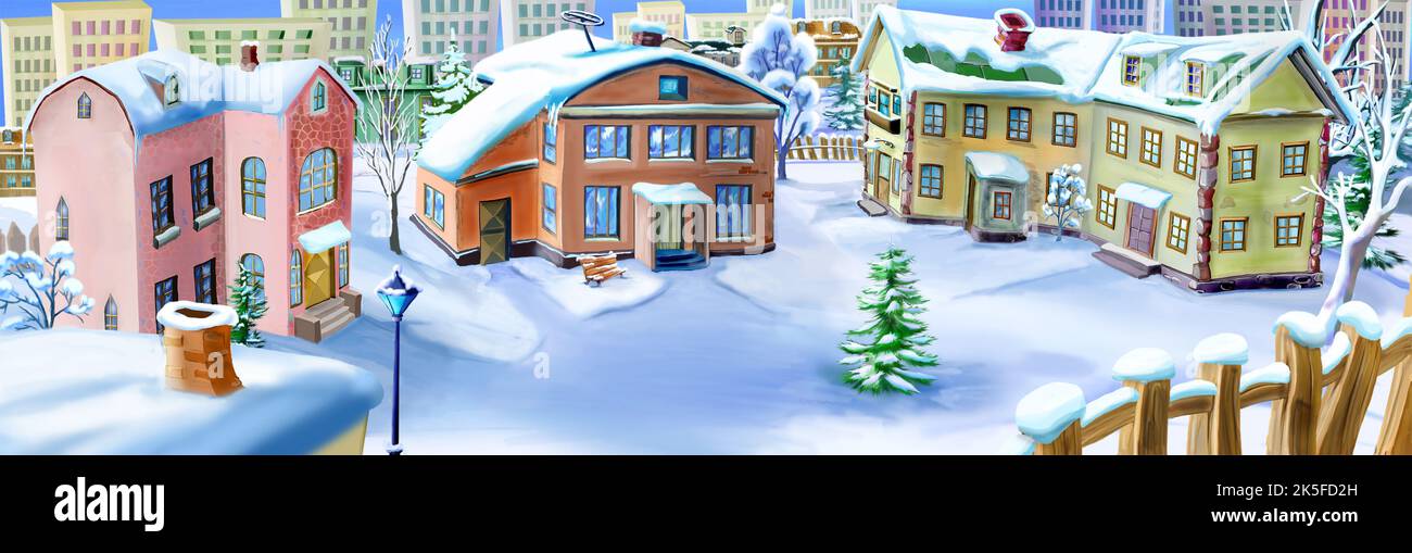 Winter day on the square of a small town. Digital Painting Background ...