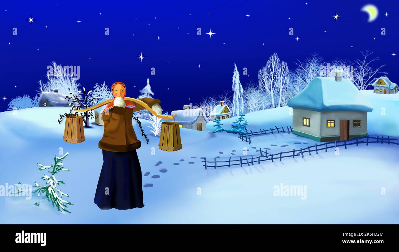 Country Girl carrying water with a yoke in the village on a winter ...