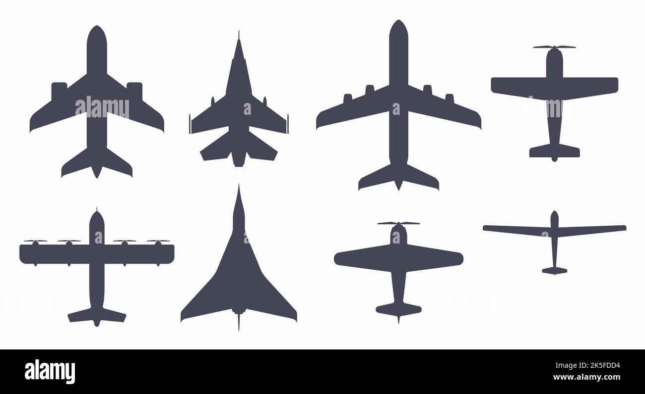Eight aircraft of different types airplane silhouette. Passenger and ...