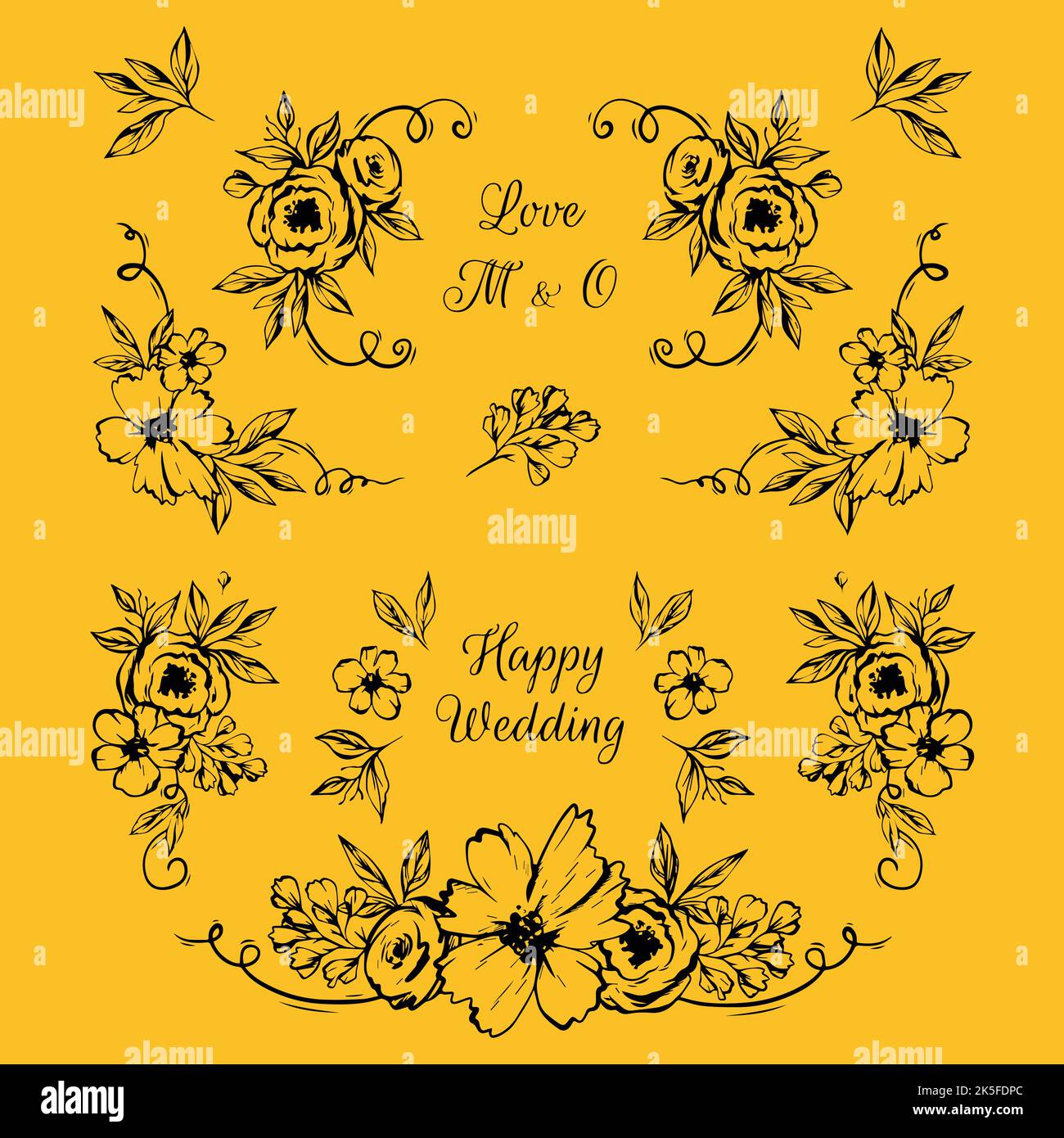 Vintage floral calligraphic black decorative elements sketch set with ...