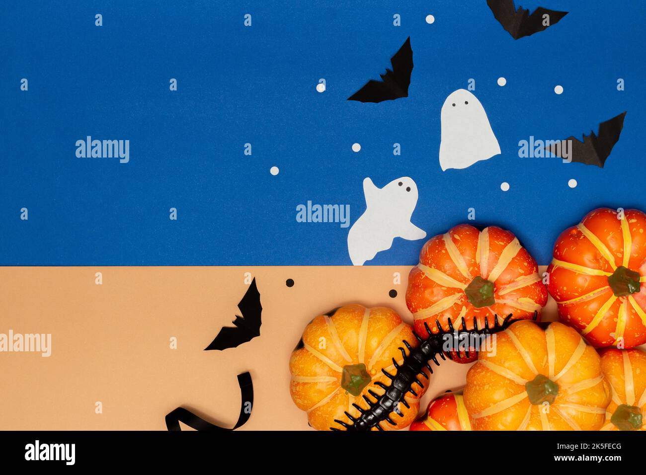 Halloween symbol concept, Centipede on scary smile pumpkins with bats ...