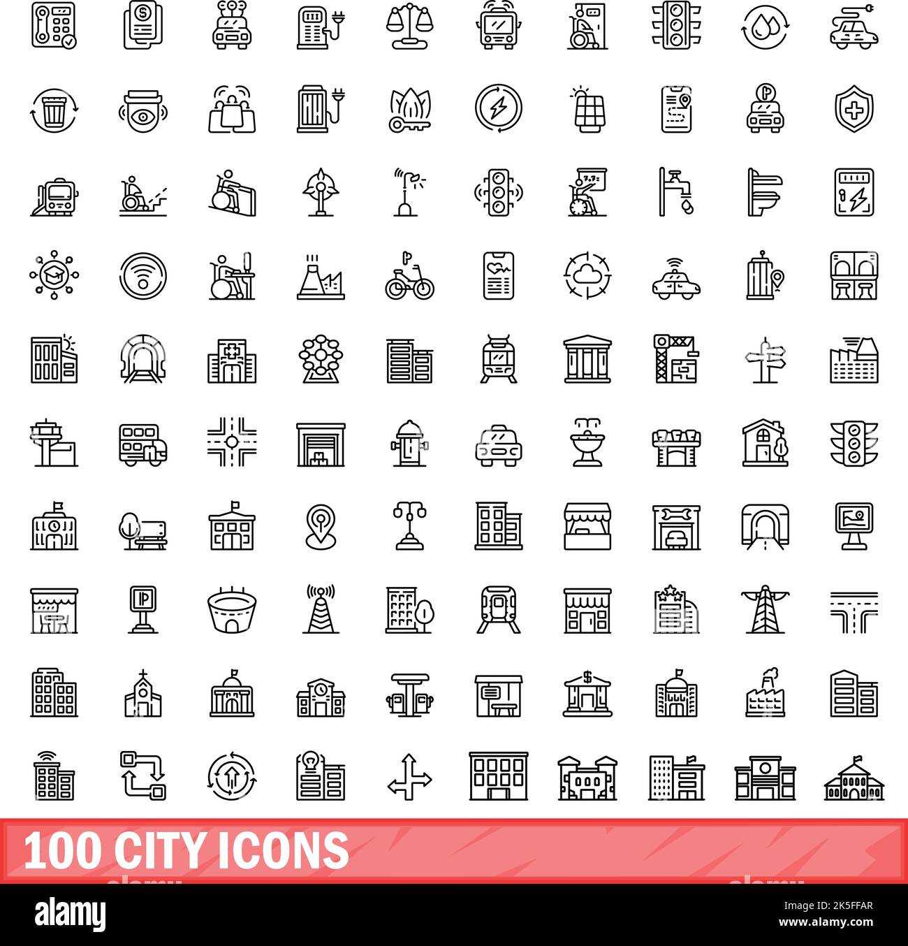 100 city icons set. Outline illustration of 100 city icons vector set ...