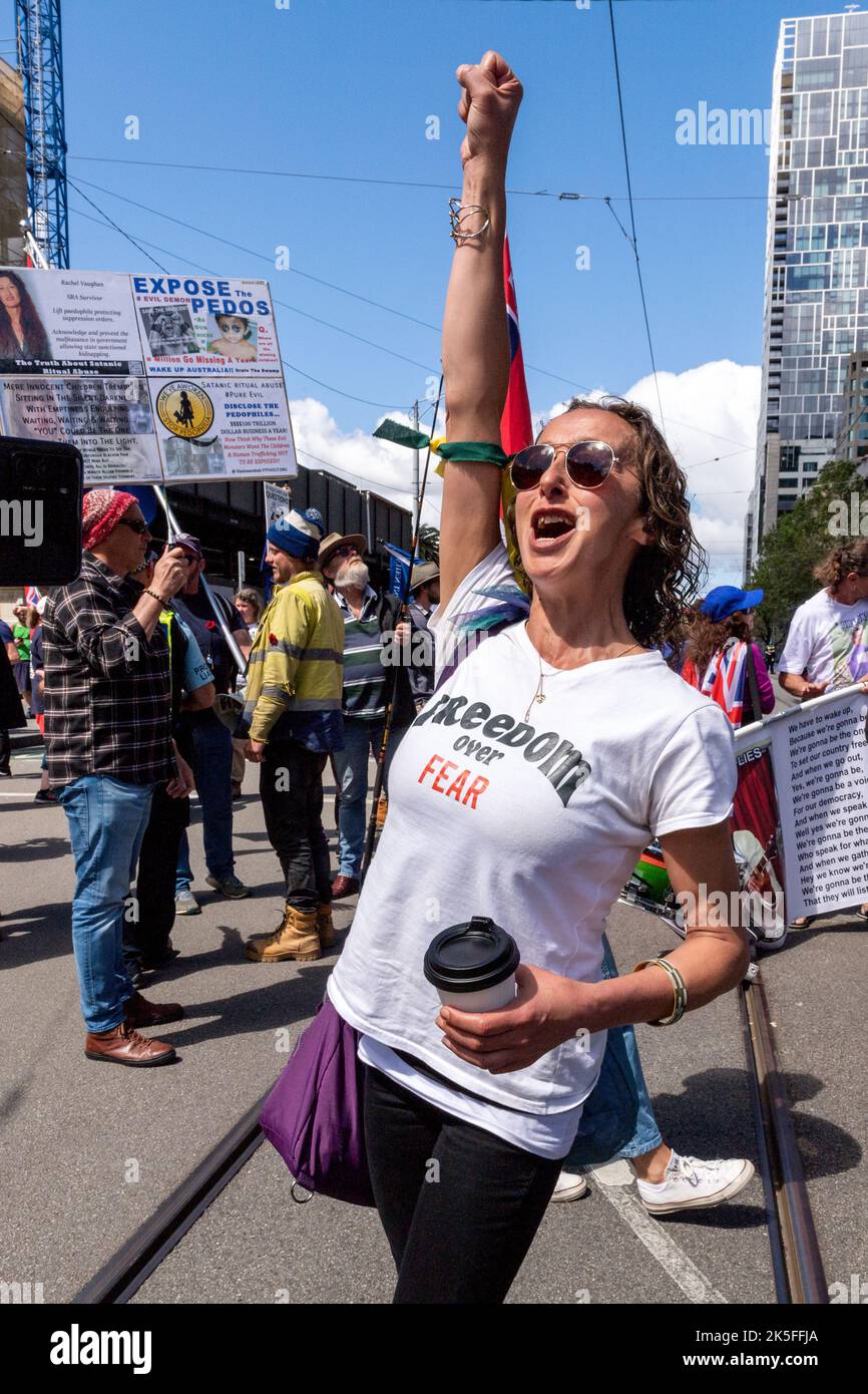 Melbourne, Australia, 8 October, 2022. A female freedom protester ...