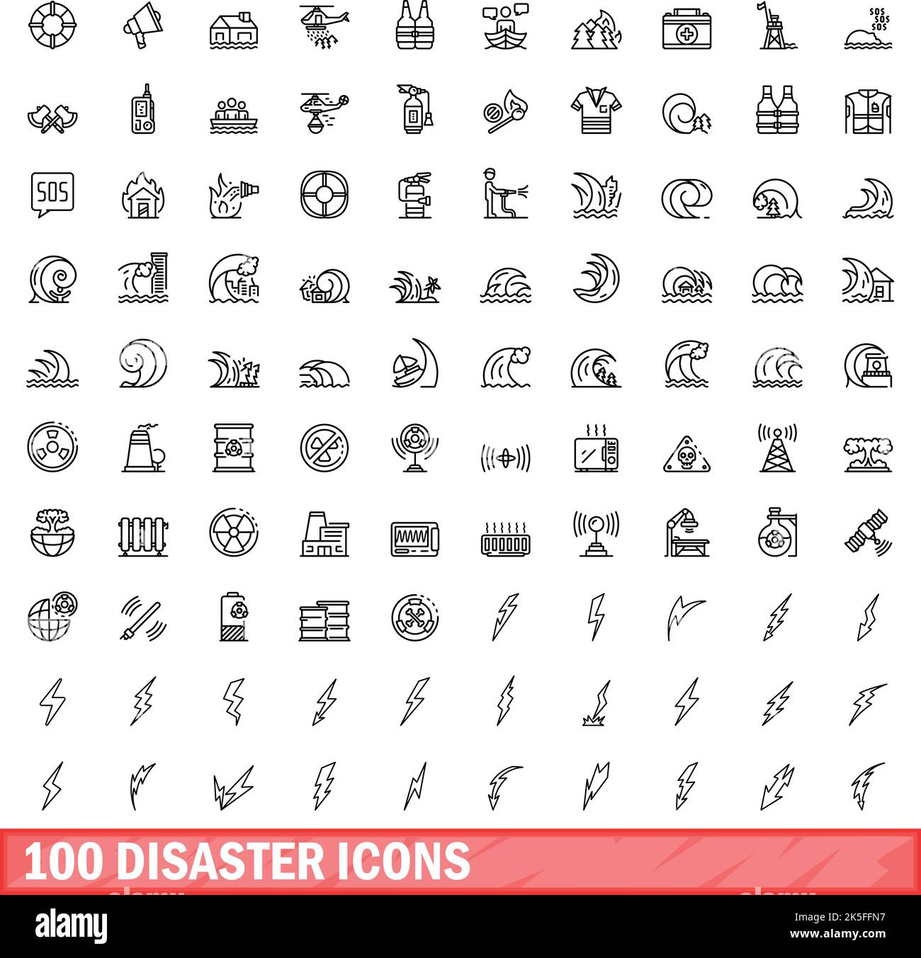 100 disaster icons set. Outline illustration of 100 disaster icons ...