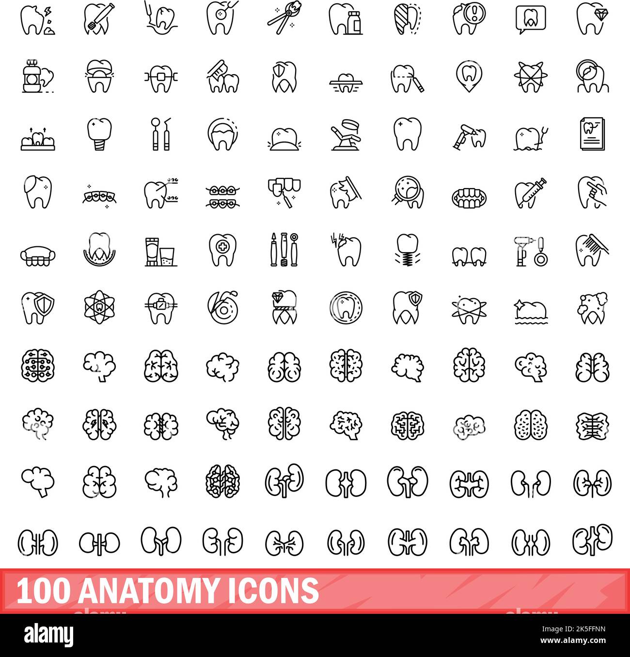 100 anatomy icons set. Outline illustration of 100 anatomy icons vector ...