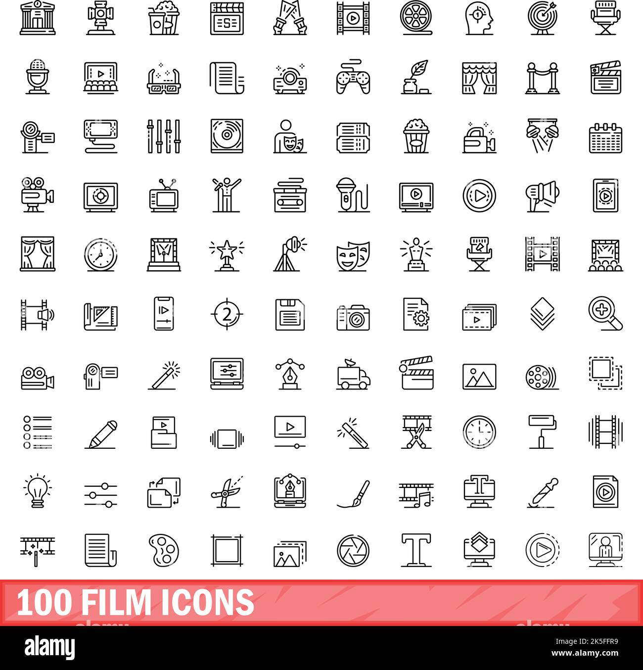 100 film icons set. Outline illustration of 100 film icons vector set ...
