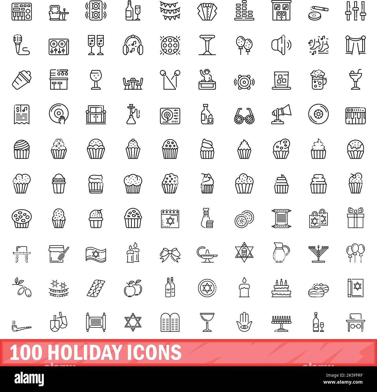 100 holiday icons set. Outline illustration of 100 holiday icons vector ...
